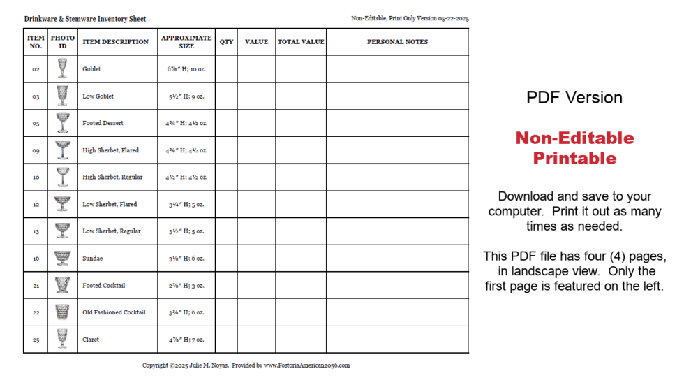 Drinkware & Stemware Inventory Sheet (PDF Version) | Fostoria No. 2056 ...